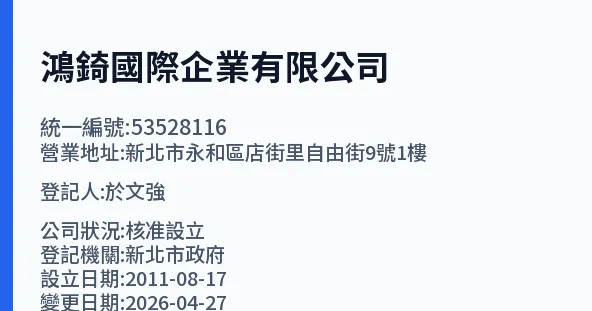 鴻錡國際企業有限公司的照片-統編 53528116(新北市) 公司登記資料與營業項目詳細圖表