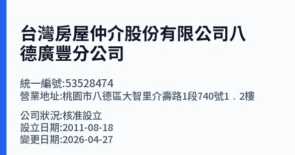 台灣房屋仲介股份有限公司八德廣豐分公司的照片-統編 53528474(桃園市) 公司登記資料與營業項目詳細圖表