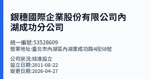 銀穗國際企業股份有限公司內湖成功分公司的照片-統編 53528609(臺北市) 公司登記資料與營業項目詳細圖表