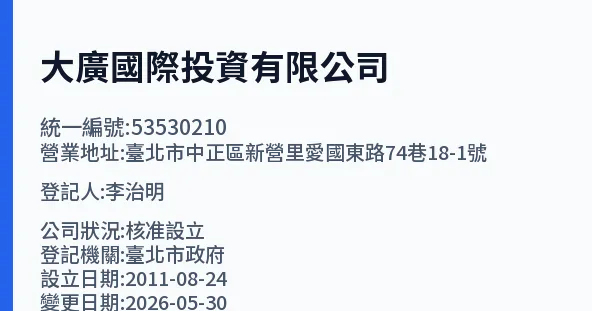 大廣國際投資有限公司的照片-統編 53530210(臺北市) 公司登記資料與營業項目詳細圖表