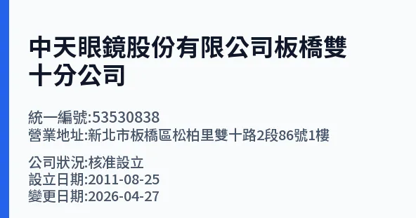 中天眼鏡股份有限公司板橋雙十分公司的照片-統編 53530838(新北市) 公司登記資料與營業項目詳細圖表