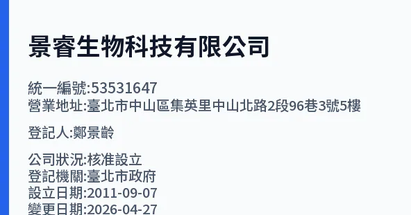 景睿生物科技有限公司的照片-統編 53531647(臺北市) 公司登記資料與營業項目詳細圖表