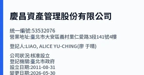 慶昌資產管理股份有限公司的照片-統編 53532076(臺北市) 公司登記資料與營業項目詳細圖表