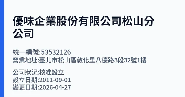 優味企業股份有限公司松山分公司的照片-統編 53532126(臺北市) 公司登記資料與營業項目詳細圖表