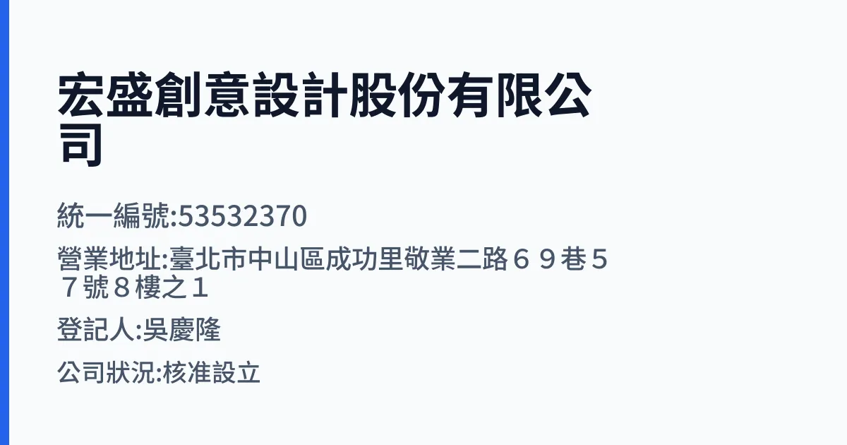 宏盛創意設計股份有限公司 - 統編 53532370（臺北市） 公司登記資料與營業項目詳細圖表