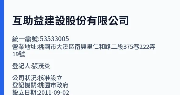 互助益建設股份有限公司的照片-統編 53533005(桃園市) 公司登記資料與營業項目詳細圖表