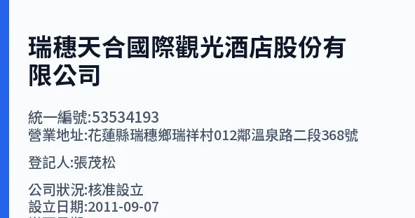 瑞穗天合國際觀光酒店股份有限公司的照片-統編 53534193(花蓮縣) 公司登記資料與營業項目詳細圖表
