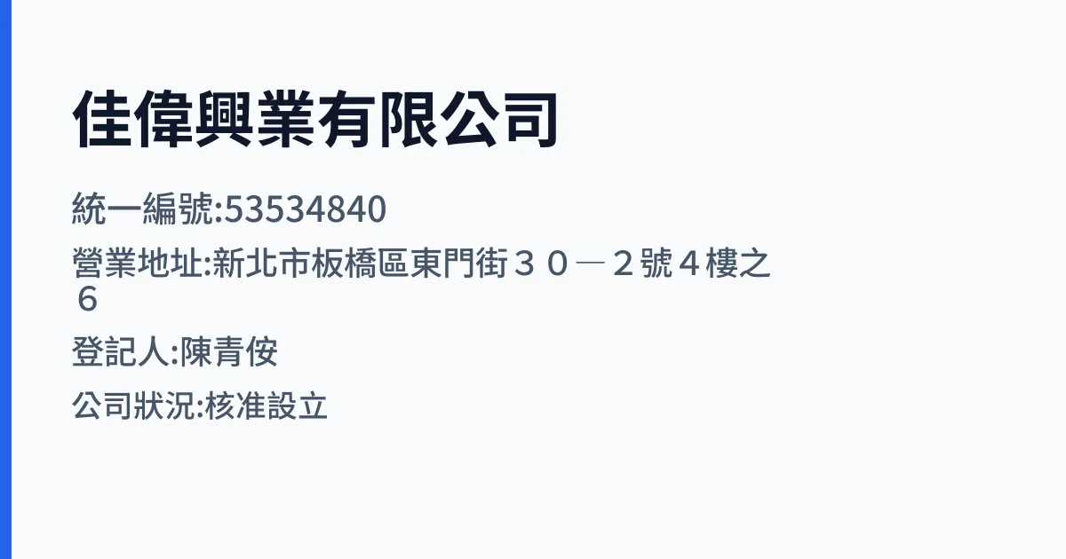 佳偉興業有限公司 - 統編 53534840(新北市) 公司登記資料與營業項目詳細圖表