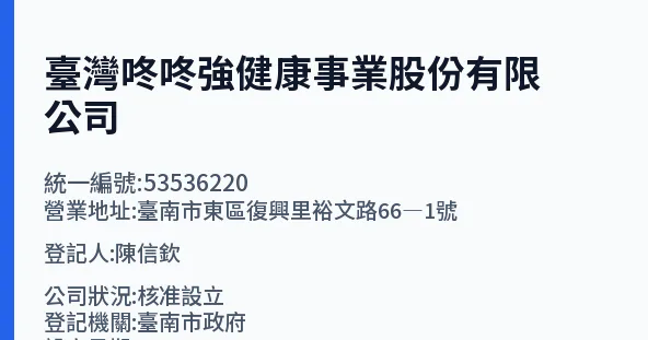 臺灣咚咚強健康事業股份有限公司的照片-統編 53536220(臺南市) 公司登記資料與營業項目詳細圖表