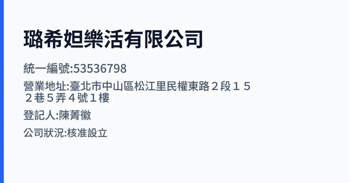 璐希妲樂活有限公司 - 統編 53536798(臺北市) 公司登記資料與營業項目詳細圖表
