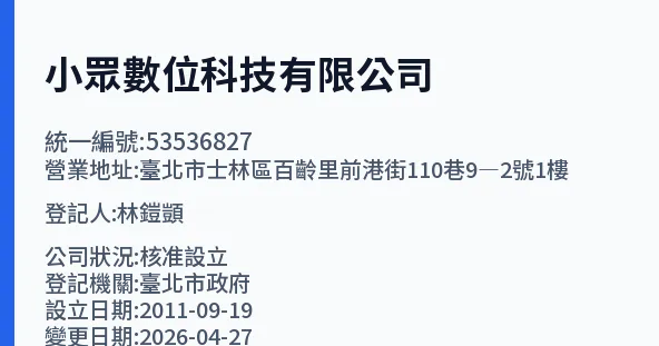 小眾數位科技有限公司的照片-統編 53536827(臺北市) 公司登記資料與營業項目詳細圖表