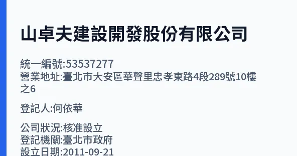 山卓夫建設開發股份有限公司的照片-統編 53537277(臺北市) 公司登記資料與營業項目詳細圖表
