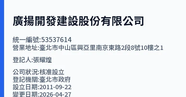 廣揚開發建設股份有限公司的照片-統編 53537614(臺北市) 公司登記資料與營業項目詳細圖表