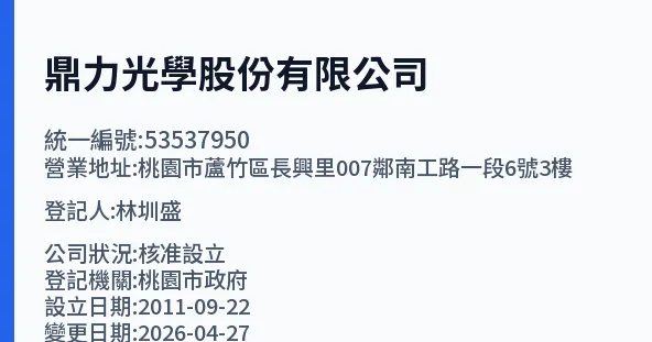 鼎力光學股份有限公司的照片-統編 53537950(桃園市) 公司登記資料與營業項目詳細圖表