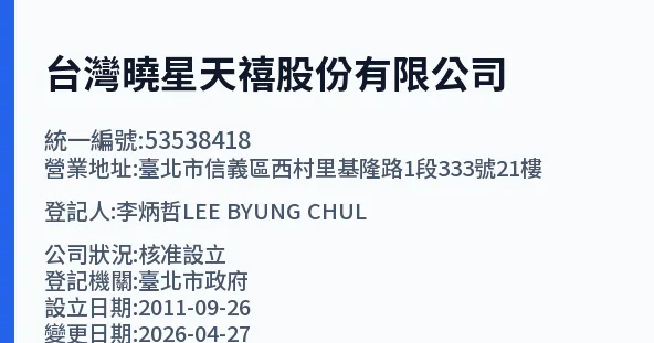 台灣曉星天禧股份有限公司的照片-統編 53538418(臺北市) 公司登記資料與營業項目詳細圖表