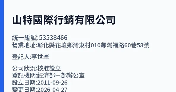 山特國際行銷有限公司的照片-統編 53538466(彰化縣) 公司登記資料與營業項目詳細圖表