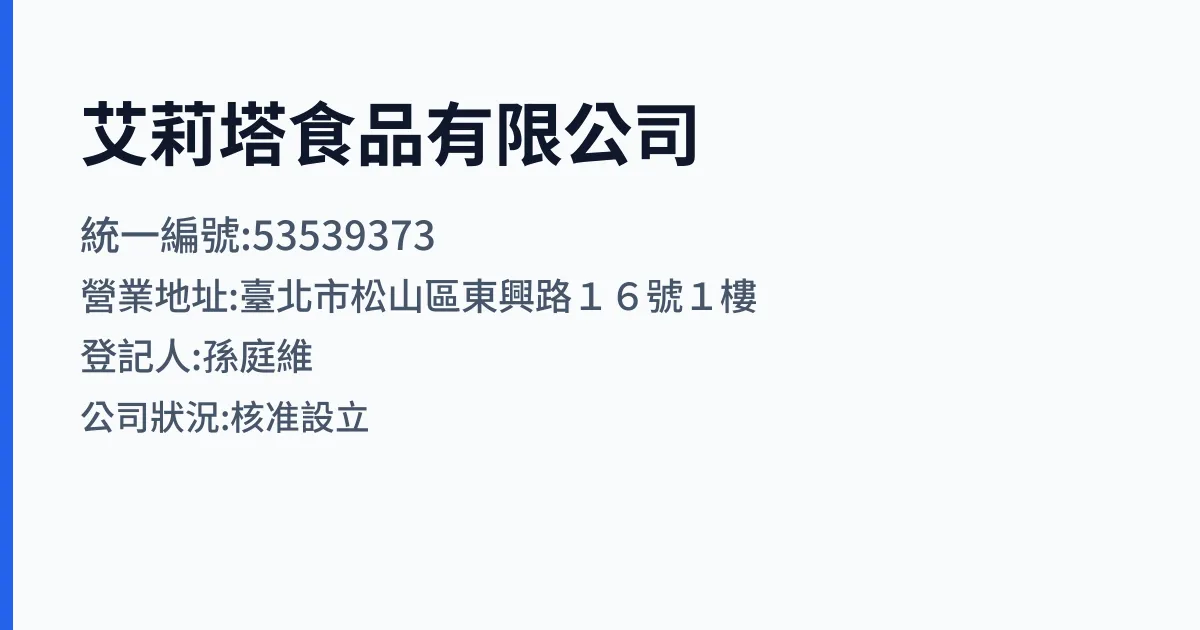艾莉塔食品有限公司 - 統編 53539373(新北市) 公司登記資料與營業項目詳細圖表