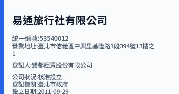 易通旅行社有限公司的照片-統編 53540012(臺北市) 公司登記資料與營業項目詳細圖表