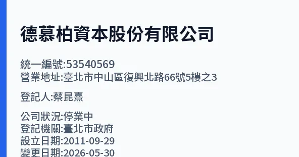 德慕柏資本股份有限公司的照片-統編 53540569(臺北市) 公司登記資料與營業項目詳細圖表