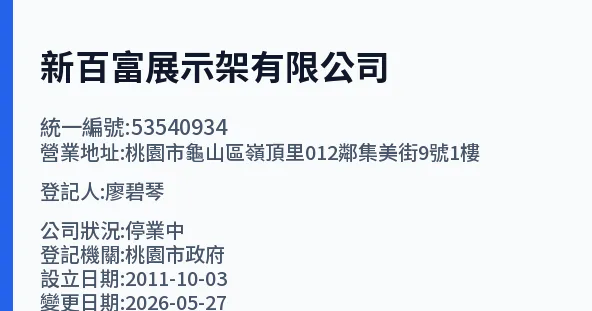 新百富展示架有限公司的照片-統編 53540934(桃園市) 公司登記資料與營業項目詳細圖表