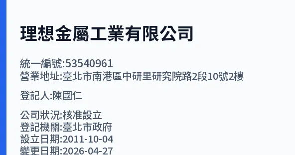 理想金屬工業有限公司的照片-統編 53540961(臺北市) 公司登記資料與營業項目詳細圖表