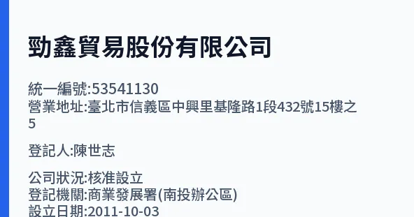 勁鑫貿易股份有限公司的照片-統編 53541130(臺北市) 公司登記資料與營業項目詳細圖表
