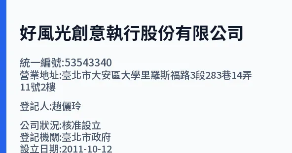 好風光創意執行股份有限公司的照片-統編 53543340(臺北市) 公司登記資料與營業項目詳細圖表