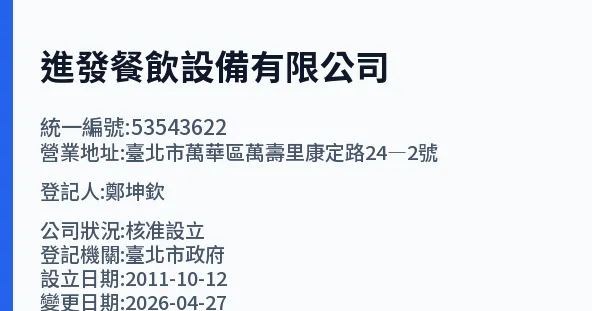 進發餐飲設備有限公司的照片-統編 53543622(臺北市) 公司登記資料與營業項目詳細圖表