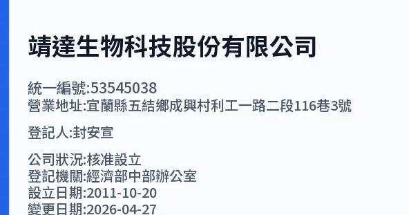 靖達生物科技股份有限公司的照片-統編 53545038(宜蘭縣) 公司登記資料與營業項目詳細圖表