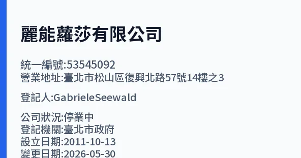 麗能蘿莎有限公司的照片-統編 53545092(臺北市) 公司登記資料與營業項目詳細圖表