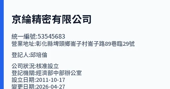 京綸精密有限公司的照片-統編 53545683(彰化縣) 公司登記資料與營業項目詳細圖表
