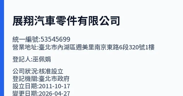展翔汽車零件有限公司的照片-統編 53545699(臺北市) 公司登記資料與營業項目詳細圖表