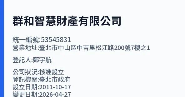 群和智慧財產有限公司的照片-統編 53545831(臺北市) 公司登記資料與營業項目詳細圖表