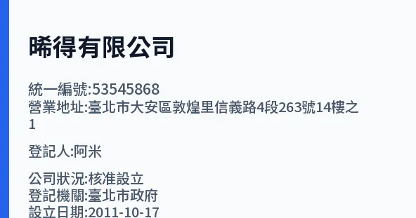 晞得有限公司的照片-統編 53545868(臺北市) 公司登記資料與營業項目詳細圖表