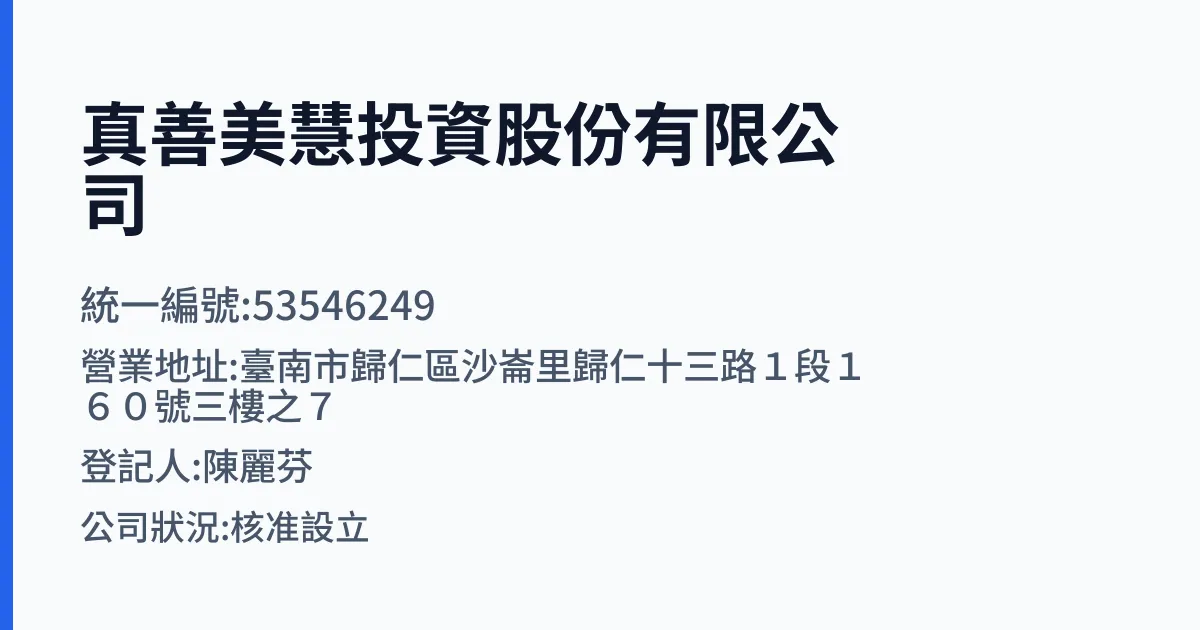 真善美慧投資股份有限公司 - 統編 53546249(臺南市) 公司登記資料與營業項目詳細圖表