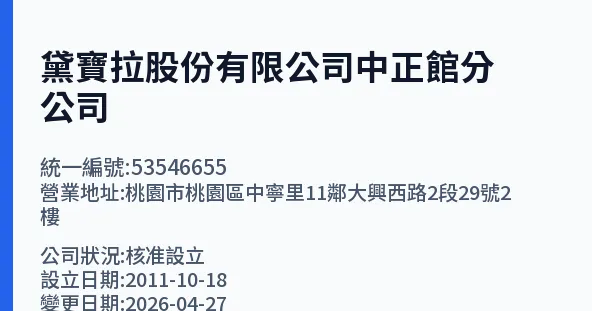 黛寶拉股份有限公司中正館分公司的照片-統編 53546655(桃園市) 公司登記資料與營業項目詳細圖表