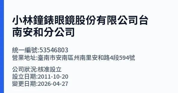 小林鐘錶眼鏡股份有限公司台南安和分公司的照片-統編 53546803(臺南市) 公司登記資料與營業項目詳細圖表