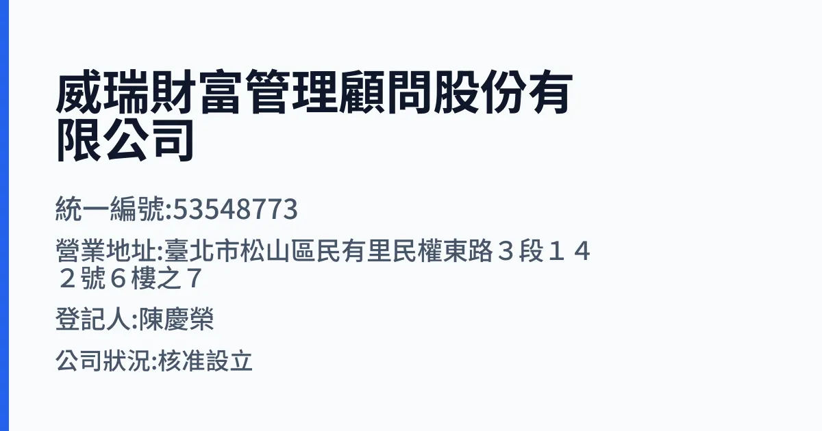 威瑞財富管理顧問股份有限公司 - 統編 53548773(臺北市) 公司登記資料與營業項目詳細圖表