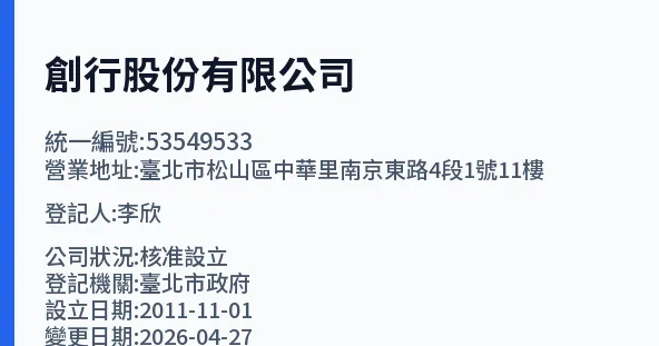 創行股份有限公司的照片-統編 53549533(臺北市) 公司登記資料與營業項目詳細圖表