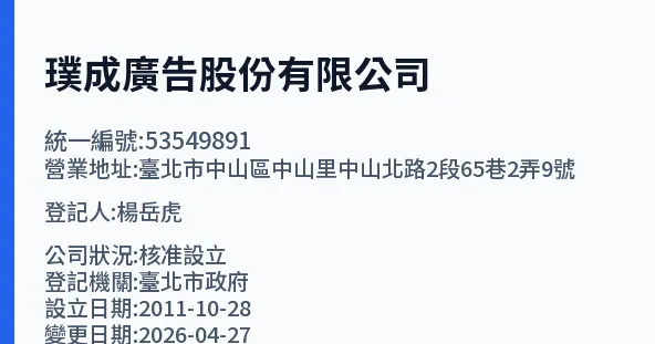璞成廣告股份有限公司的照片-統編 53549891(臺北市) 公司登記資料與營業項目詳細圖表