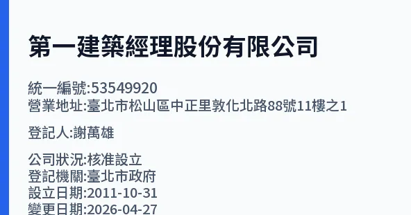 第一建築經理股份有限公司的照片-統編 53549920(臺北市) 公司登記資料與營業項目詳細圖表