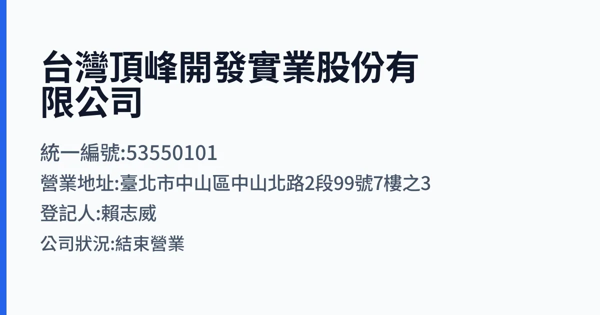 台灣頂峰開發實業股份有限公司 - 統編 53550101(臺北市) 公司登記資料與營業項目詳細圖表
