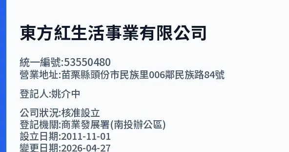 東方紅生活事業有限公司的照片-統編 53550480(苗栗縣) 公司登記資料與營業項目詳細圖表