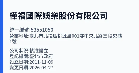 樺福國際娛樂股份有限公司的照片-統編 53551050(臺北市) 公司登記資料與營業項目詳細圖表