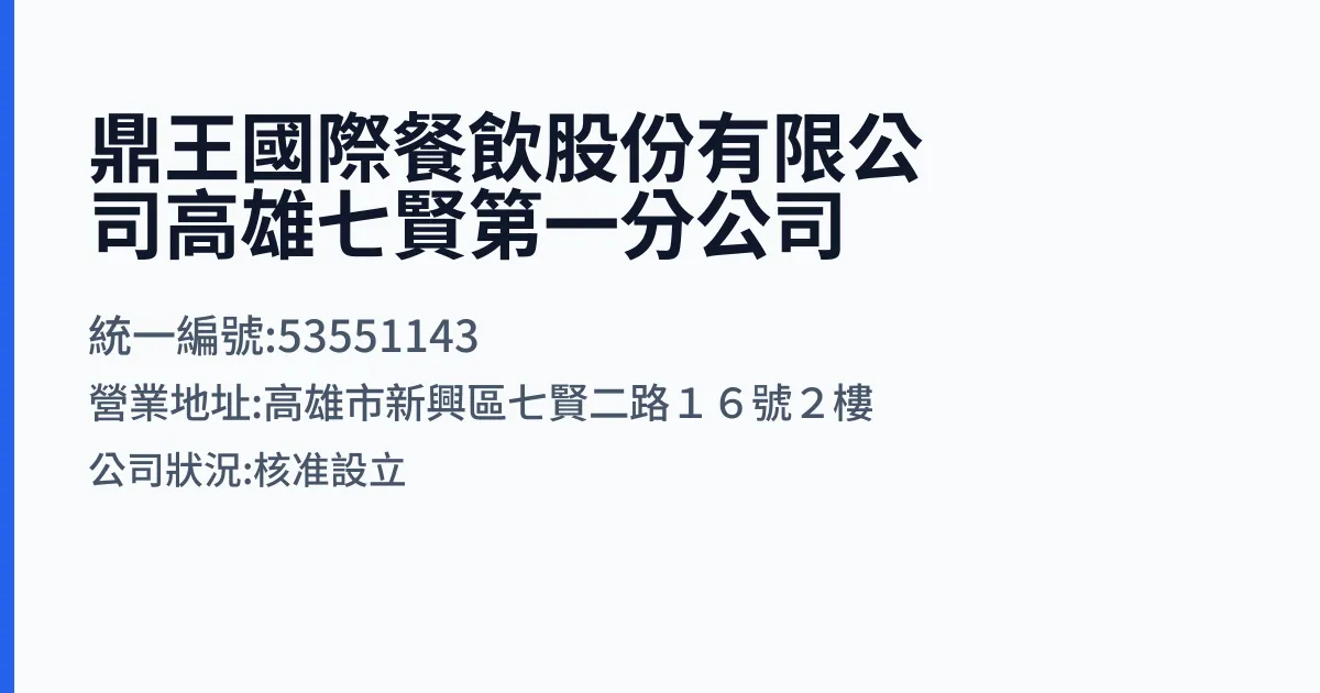 鼎王國際餐飲股份有限公司高雄七賢第一分公司 - 統編 53551143(高雄市) 公司登記資料與營業項目詳細圖表