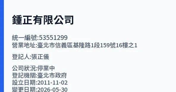鍾正有限公司的照片-統編 53551299(臺北市) 公司登記資料與營業項目詳細圖表