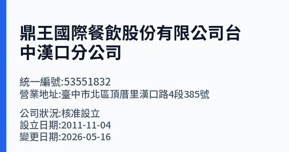鼎王國際餐飲股份有限公司台中漢口分公司的照片-統編 53551832(臺中市) 公司登記資料與營業項目詳細圖表