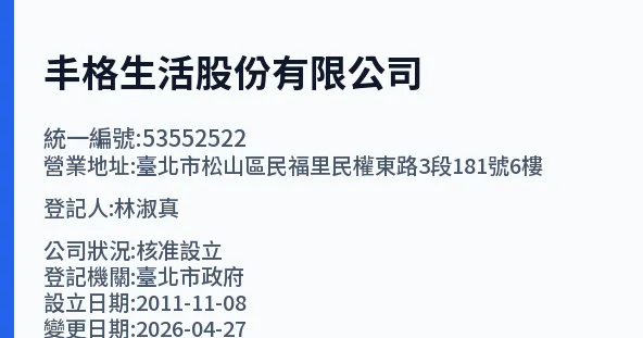 丰格生活股份有限公司的照片-統編 53552522(臺北市) 公司登記資料與營業項目詳細圖表