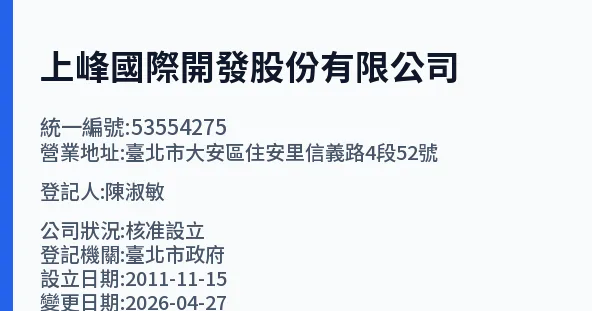 上峰國際開發股份有限公司的照片-統編 53554275(臺北市) 公司登記資料與營業項目詳細圖表