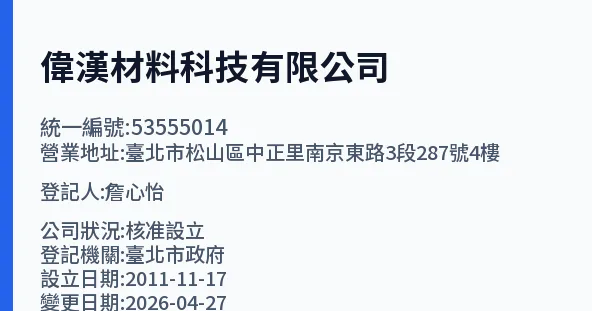 偉漢材料科技有限公司的照片-統編 53555014(臺北市) 公司登記資料與營業項目詳細圖表